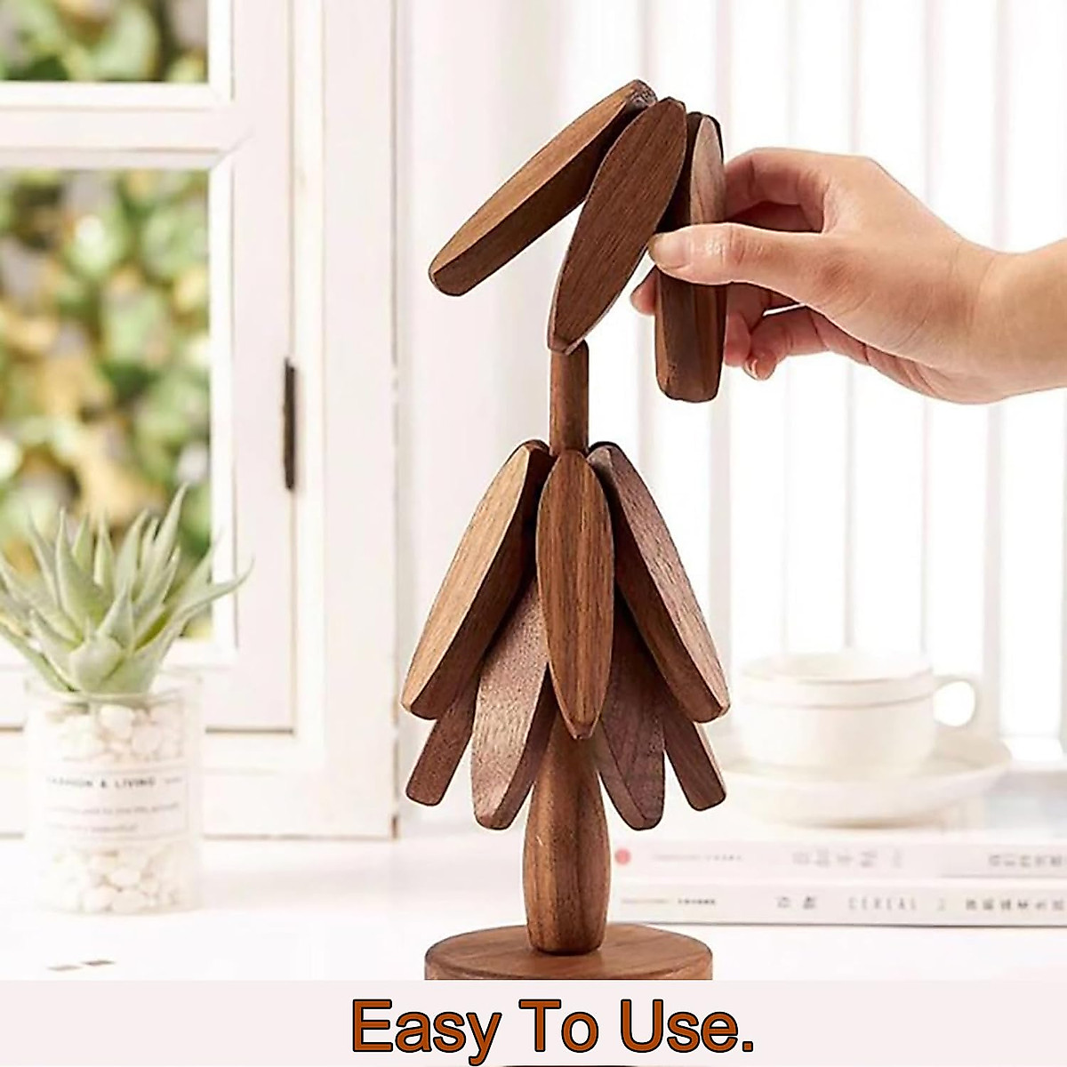 Generic Wooden Tree Coaster，Wooden Tree Coaster for Hot Dishes,Tree Shape,Trivets for Hot Dishes,3 Wooden Trivet + 1 Stand (Brown)