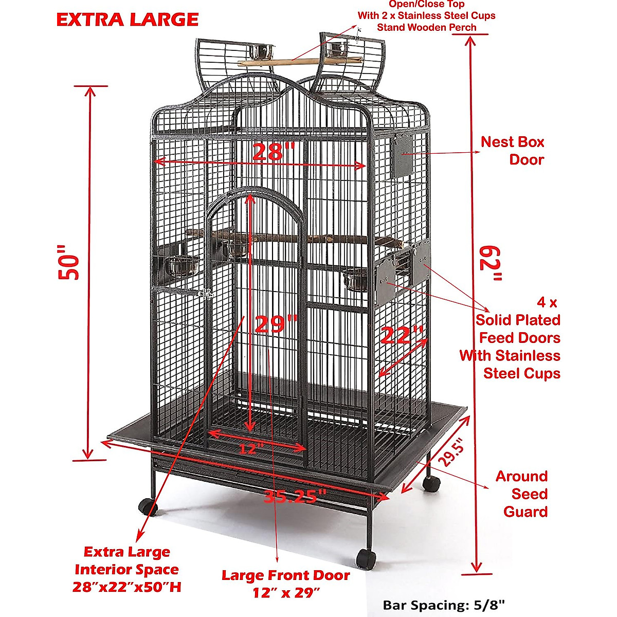 Extra Large Wrought Iron Open/Close Play Dome Top Parrot Bird Cage for Large Macaws Cockatoos African Grey Amazon (Black Vein, 35.25" W x 29.5" D x 62" H)