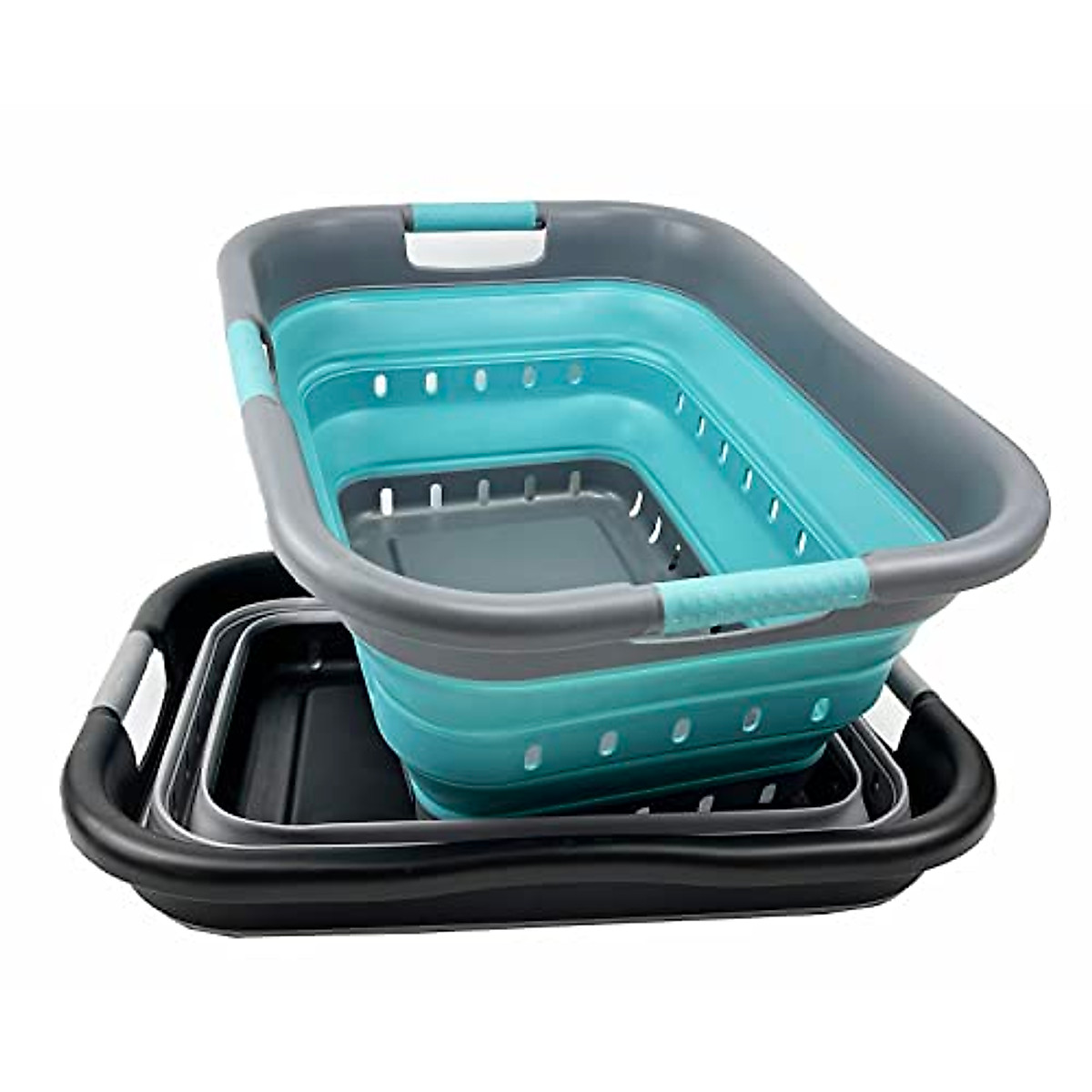 SAMMART 41L (10.8 gallon) Set of 2 Collapsible 3 Handled Plastic Laundry Basket-Foldable Pop Up Storage Container/Organizer-Space Saving Hamper/Basket (Alloy Grey + Crystal Blue)