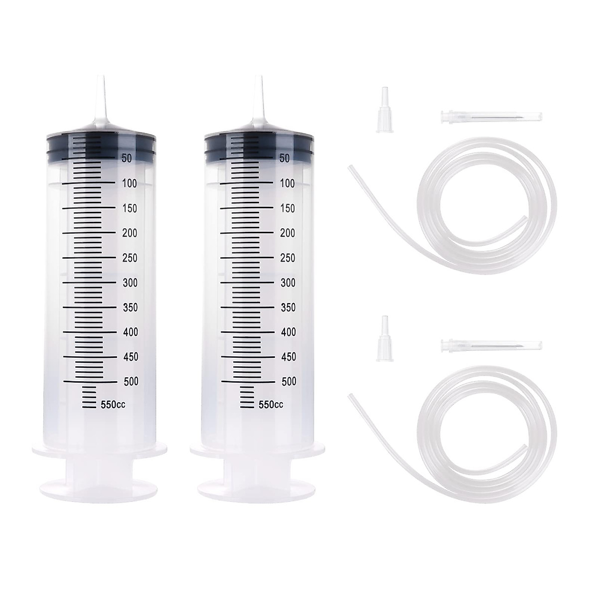 AKOLAFE 2 Sets of 500ml Syringe with 51.2 Inch Tube, Needle, Adapter, Plastic Syringe with Needle, Large Syringe for Liquid, Resin, Oil, Draining, Refilling, Dispensing, Measuring, Feeding