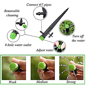 Kalolary 100PCS Green Irrigation Drippers Drip Emitters, Micro Spray Adjustable 360 Degree Full Circle Pattern Water Flow Sprinkler Fits 1/4 (4-6mm) Irrigation Tubing for Garden Irrigation