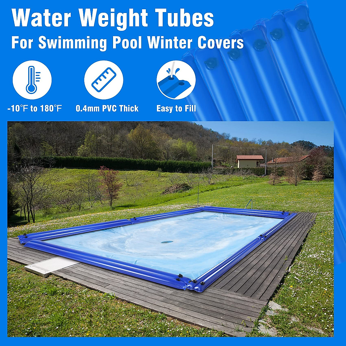8.5 Ft Double Chamber Pool Water Bags, Water Tubes | Pool Cover Weights for Inground Pool Cover, Extra Durable 0.4mm PVC Water Weight Bags with Screw Caps, Winter Pool Bags for Closing Kit -5 Pack