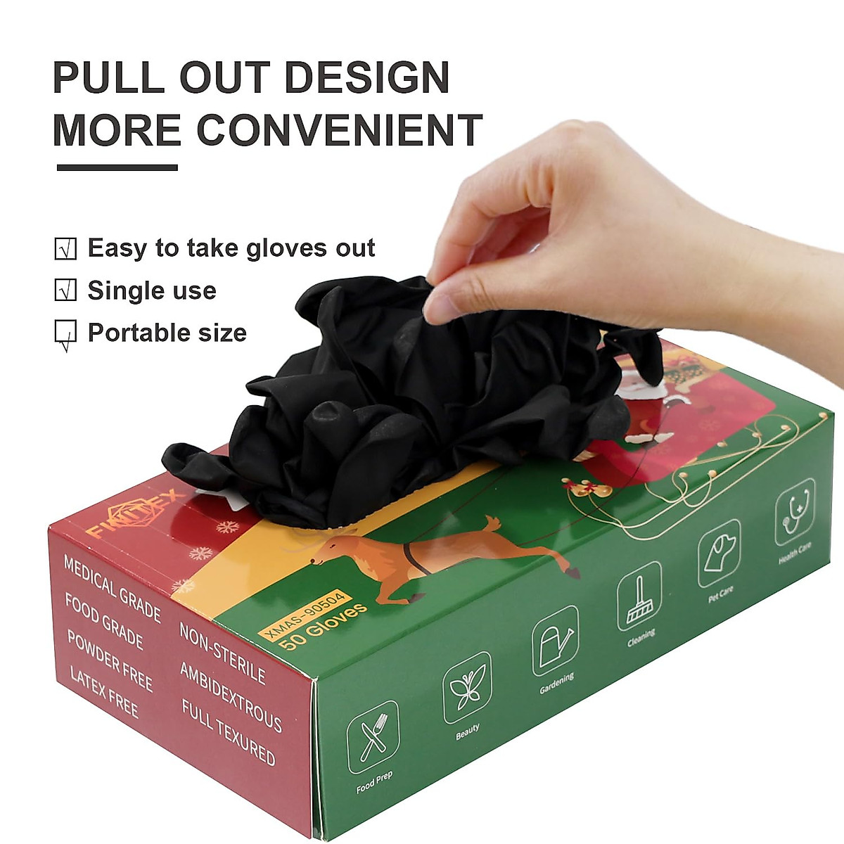 FINITEX Black Nitrile Disposable Latex Free Gloves - 6.2mil 50PCS Powder Free Gloves Christmas Cleaning Medical Exam Food Gloves (X-Large)