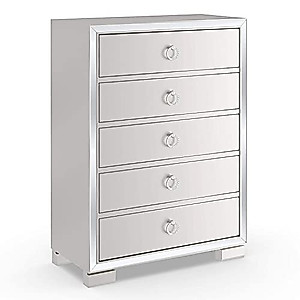 Mirrored 5 Drawers Chest, Modern Solid Wood Accent Storage Cabinet with Silver Finish and Crystal Knobs, 31" Tall Bedroom Dresser, Beautiful Wide Chest of Drawers Sofa Table for Living Room, Silver