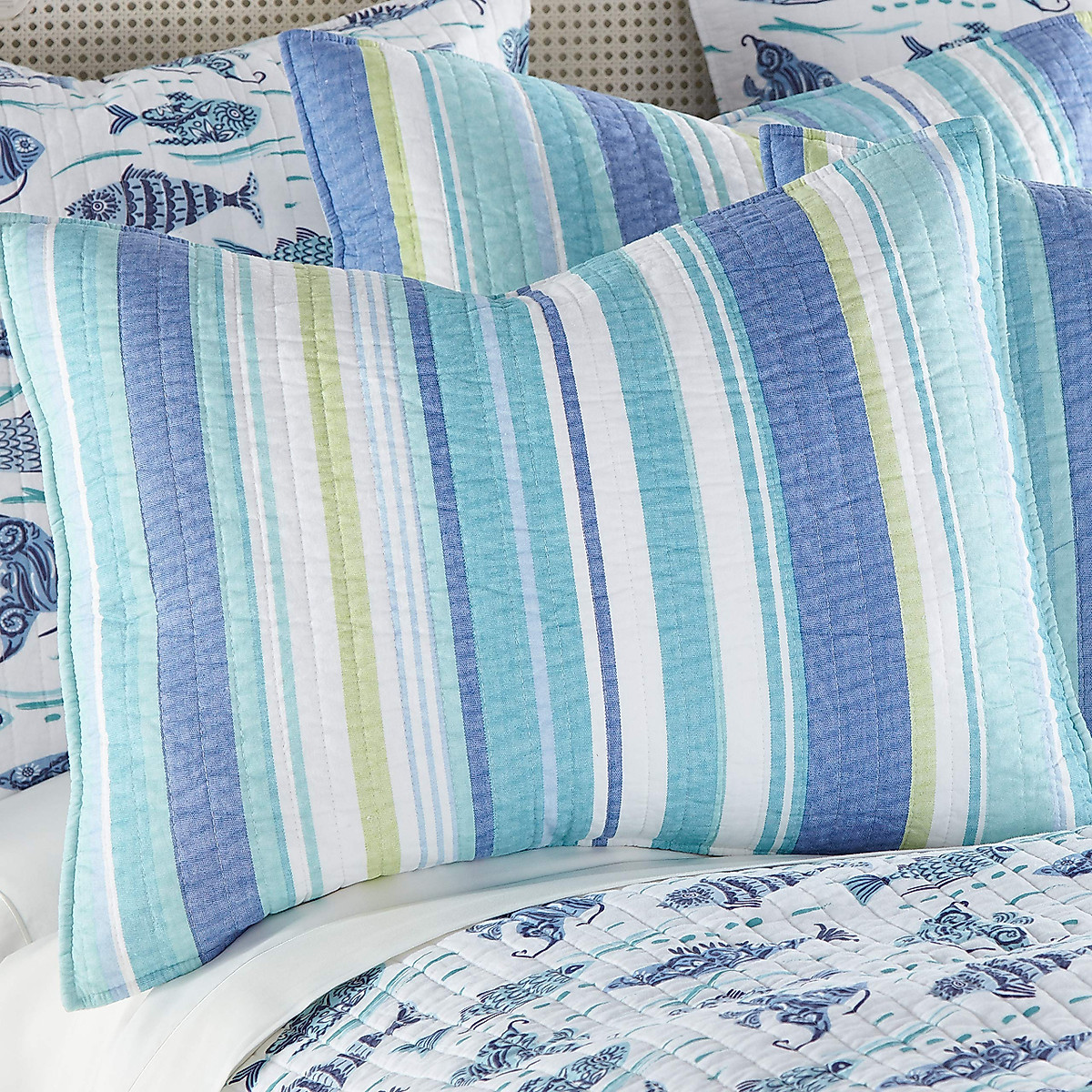 Levtex Home - Laida Beach Quilt Set - Full/Queen Quilt + Two Standard Pillow Shams - Coastal Stripe - Green, Blue, White - Quilt Size (88x92in.) and Pillow Sham Size (26x20in.) - Reversible - Cotton