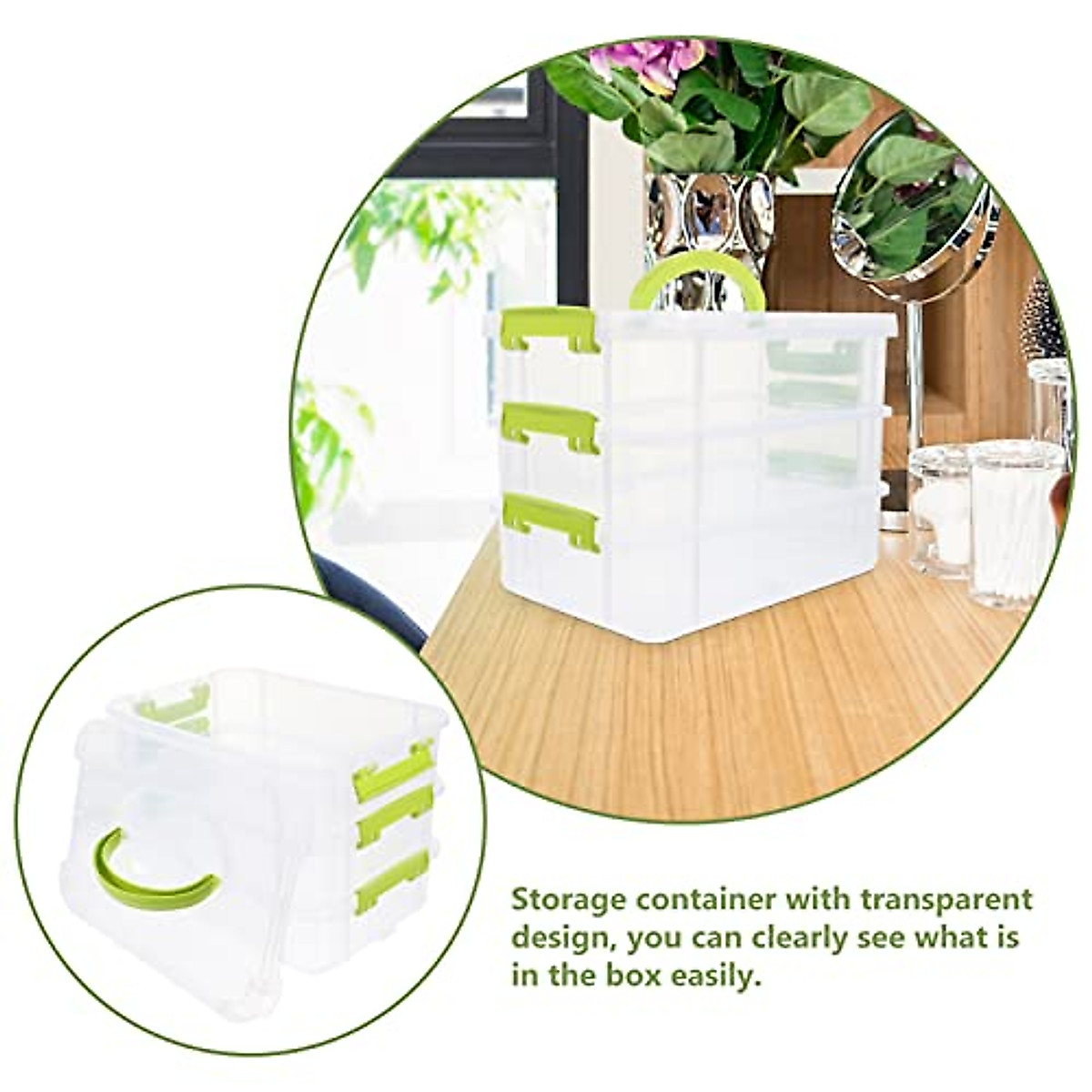 3-Tier Stackable Storage Container Box Handled Organizer Storage Box Stackable Carry Box with Removable Tray Transparent Storage Case Stack Carry Storage Box
