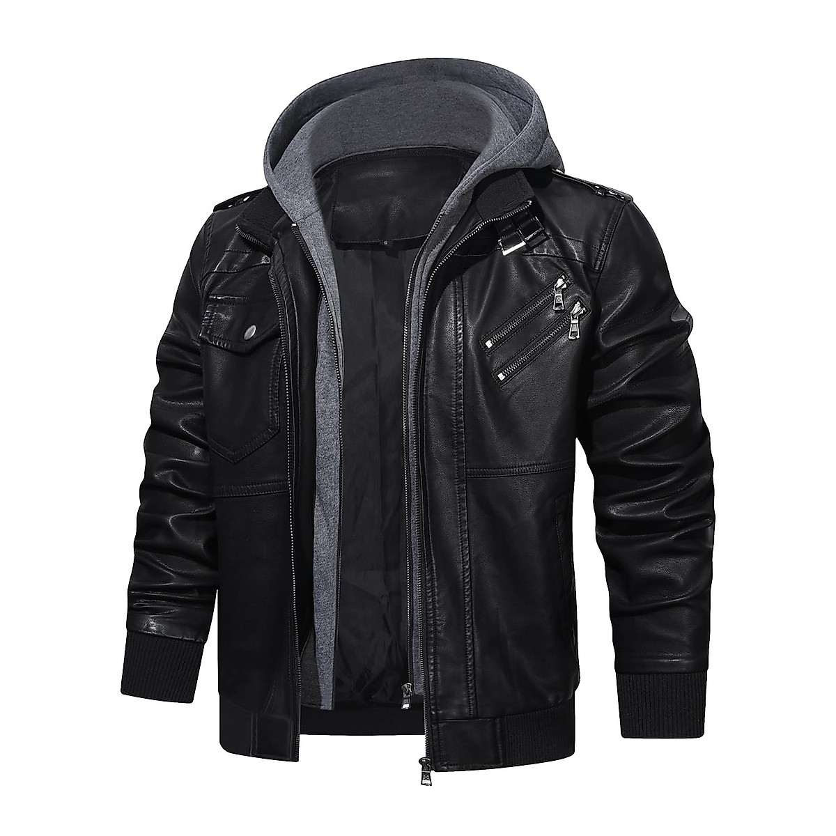 HOOD CREW Men’s Casual Stand Collar PU Faux Leather Zip-Up Motorcycle Bomber Jacket With a Removable Hood