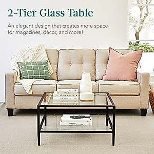 Best Choice Products 32” Square Glass Coffee Table, Large 2-Tier Accent Furniture for Living Room, Bedroom w/Metal Frame, Glass Shelves - Black