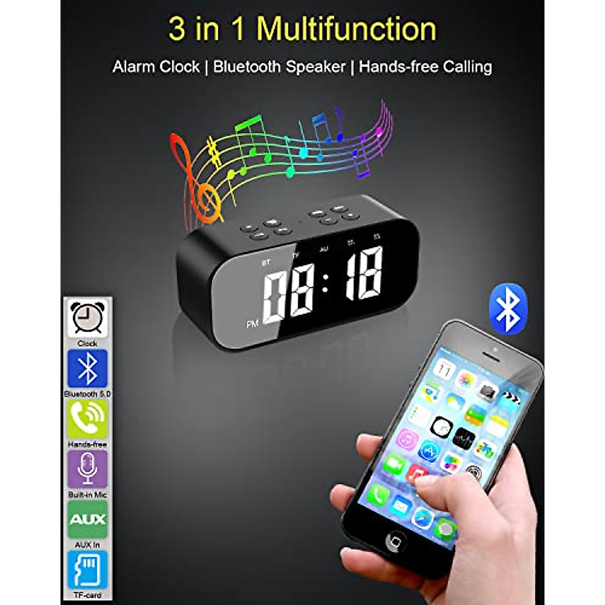 AFK Alarm Clock for Bedroom/Office,Digital Clock with Bluetooth Speaker,Small Alarm Clock for Heavy Sleepers Adults/Teens with Dual Alarms,Mirror LED Display,Hands-free Calling.(12H Format)