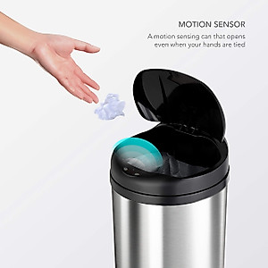 NINESTARS DZT-40-8 Automatic Touchless Infrared Motion Sensor Trash Can, 11 Gal 40L, Stainless Steel Base (Round, Black Lid)