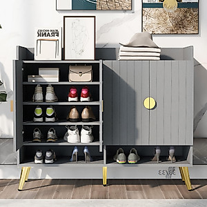 Bituman Freestanding Wood Shoe Storage Cabinet, 11-Tier Modern Narrow Shoe Organizer Rack with Adjustable Shelves Shoe Closet for Entryway, Hallway, Bedroom, Living Room, Gray