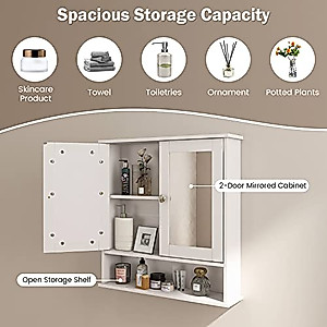 COSTWAY Bathroom Cabinet Wall Mounted - Over The Toilet Wall Storage Cabinet with 2 Mirror Doors and Adjustable Shelf, Hanging Medicine Cabinet for Bathroom, Living Room, Kitchen (White)