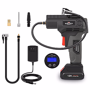 Excited Work 12V Portable Air Compressors Cordless Tire Inflator, 2.0 Ah Rechargeable Battery and Quick Charger, Max 150PSI, with 3 Nozzles, 4 Unit Meters, Fits Cars Motorcycles etc