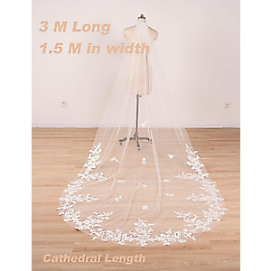 ELAWBTY 1 Tier Floral Lace Wedding Bridal Veil For Bride 3 M White Cathedral Length