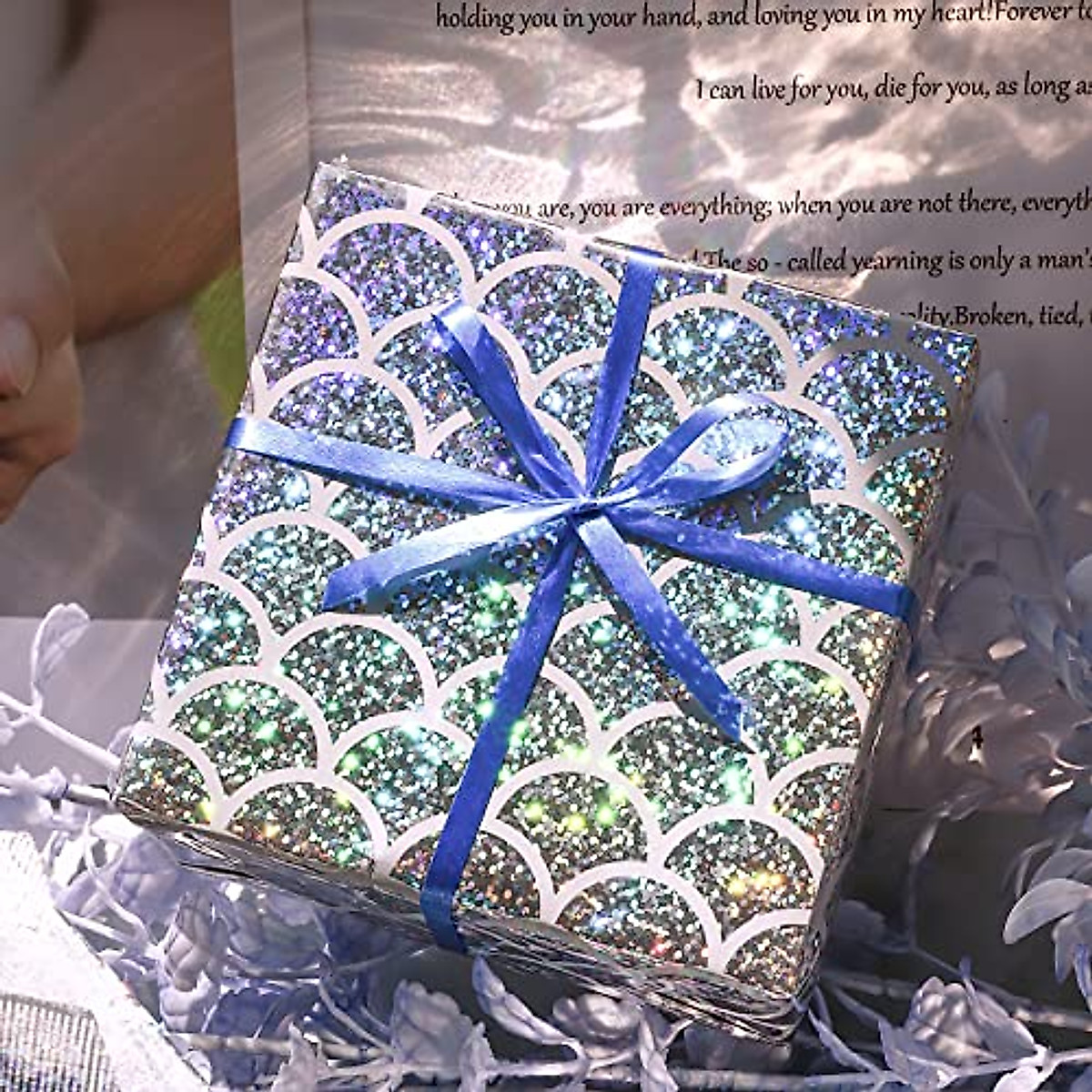 LeZakaa Silver Holographic Wrapping Paper - Mini Roll - Scales Print for Birthday, Holiday, Christmas - 17 17.32 Inch x 32.8 Feet (46.25 sq.ft.)