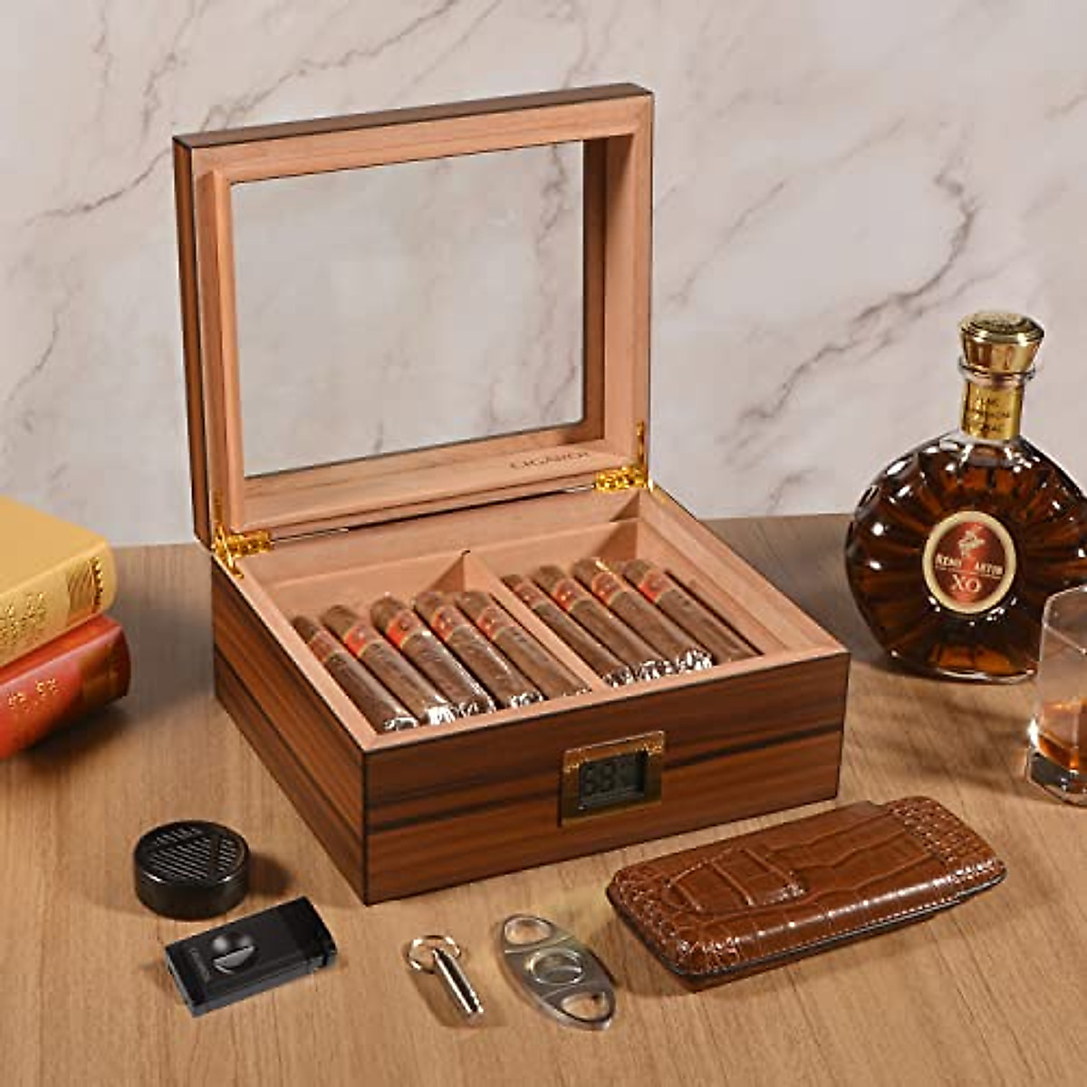 CIGAIOL Handcraft Cigar Kits with Cutter and Lighter, Luxurious Humidor Cigar Box Hold 30-50 Cigars 100% Cedar Wood Case with Digital Cigar Hygrometer/Travel humidor (No Cigars, no Batteries, no Gas)