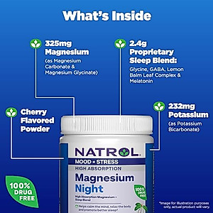 Natrol Mood + Stress High Absorption Night Magnesium Carbonate and Magnesium Glycinate 325mg with a Blend of Glycine, GABA, Lemon Balm and Melatonin, 16.3 OZ Cherry-Flavored Powder, 60 Day Supply
