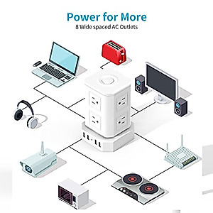 Surge Protector Power Strip Tower with USB Ports, 6FT Charging Station Long Extension Cord with Multiple Outlets, 8 AC Multi Plug Outlet Extender 4USB Ports 1800J Overload Protection for Home Office