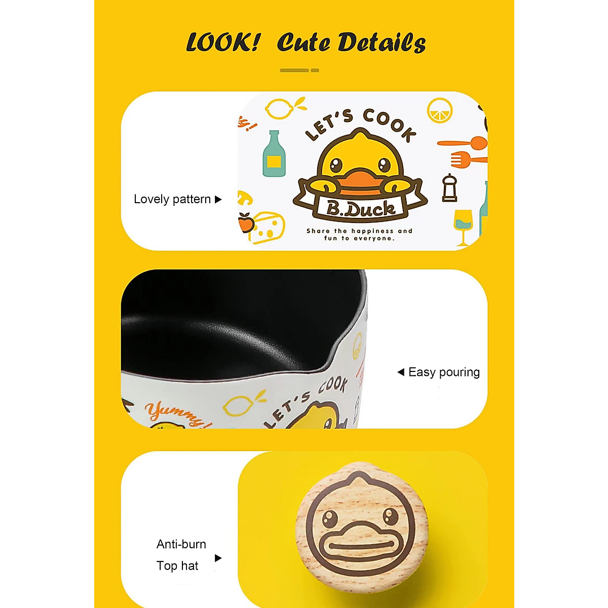 Cooker King x B. Duck 6 inch Milk Pot with Lid, Non-Stick Sauce Pan, Yellow Duck Pattern Small Cookware with Wood Handle-Yellow & White
