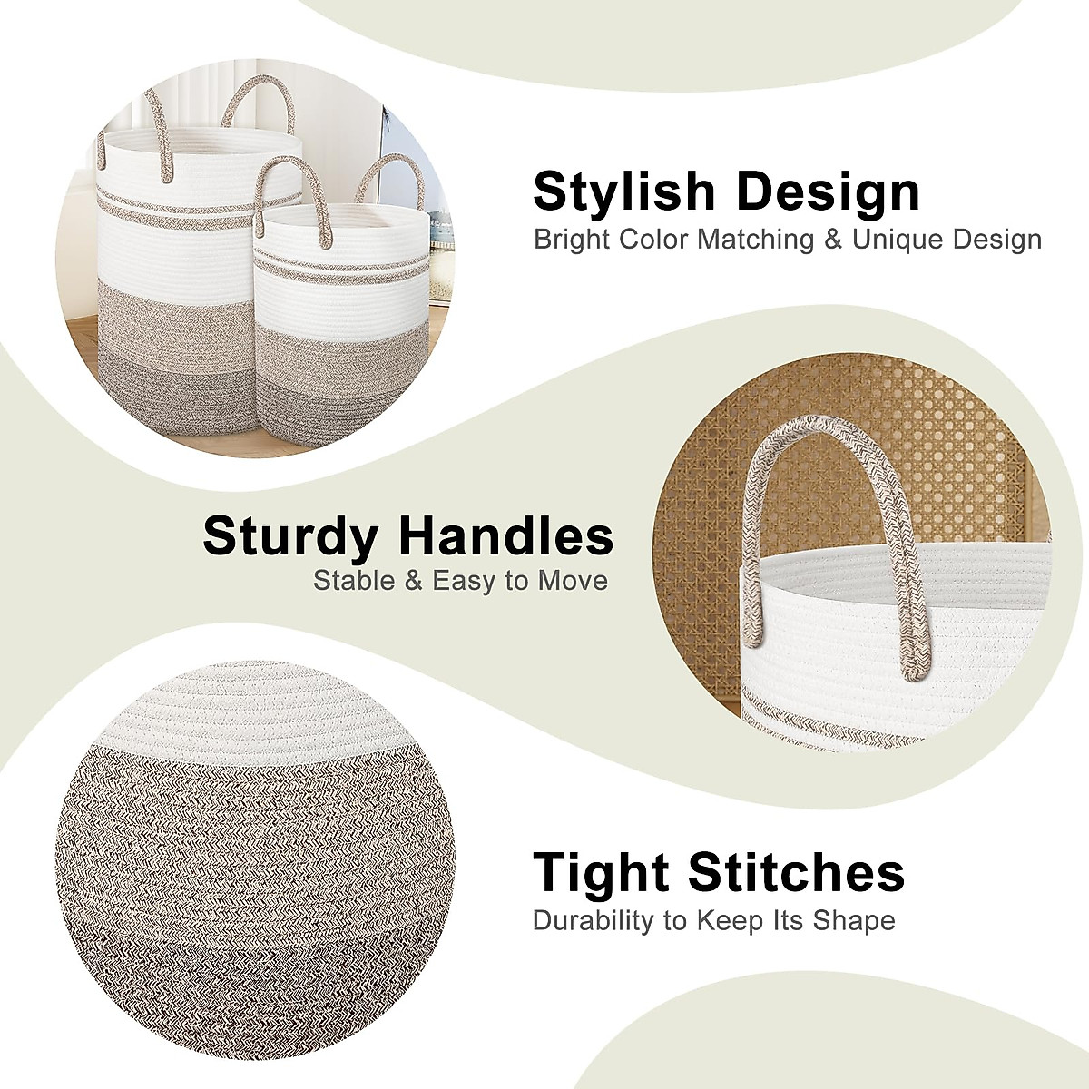 2 Pack Large Tall Rope Laundry Baskets, Cotton Laundry Hamper, Dirty Clothes Hampers Woven Basket, Blanket Basket Storage for Living Room, Dirty Clothes Baskets for Bedroom, Baby Room, 58L&28L Khaki