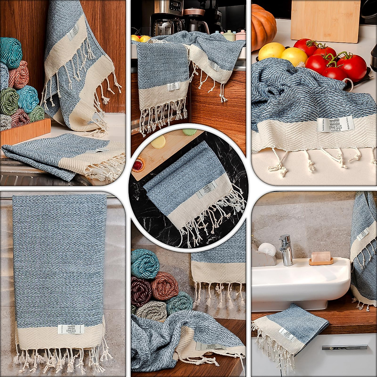 EPHESUS TOWELS Hand Towels - Set of 2 | 18" x 30" - Decorative Turkish Hand Towel for Bathroom, Kitchen, Guest, Face, Hair, Tea, Dishcloth (Herringbone, Baby Blue)
