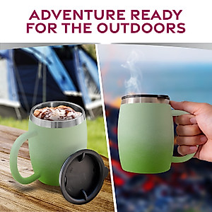 FineDine Double-Wall Stainless Steel, Drinking Cup, Coffee Mugs with Spill-Resistant Lids, Comfortable Handle for Hot & Cold Drinks, Shatterproof Coffee Cups, 14 Ounces