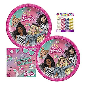 Amscan Barbie Dream Together Party Supplies Pack Serves 16: Dessert Plates and Beverage Napkins with Birthday Candles (Bundle for 16)