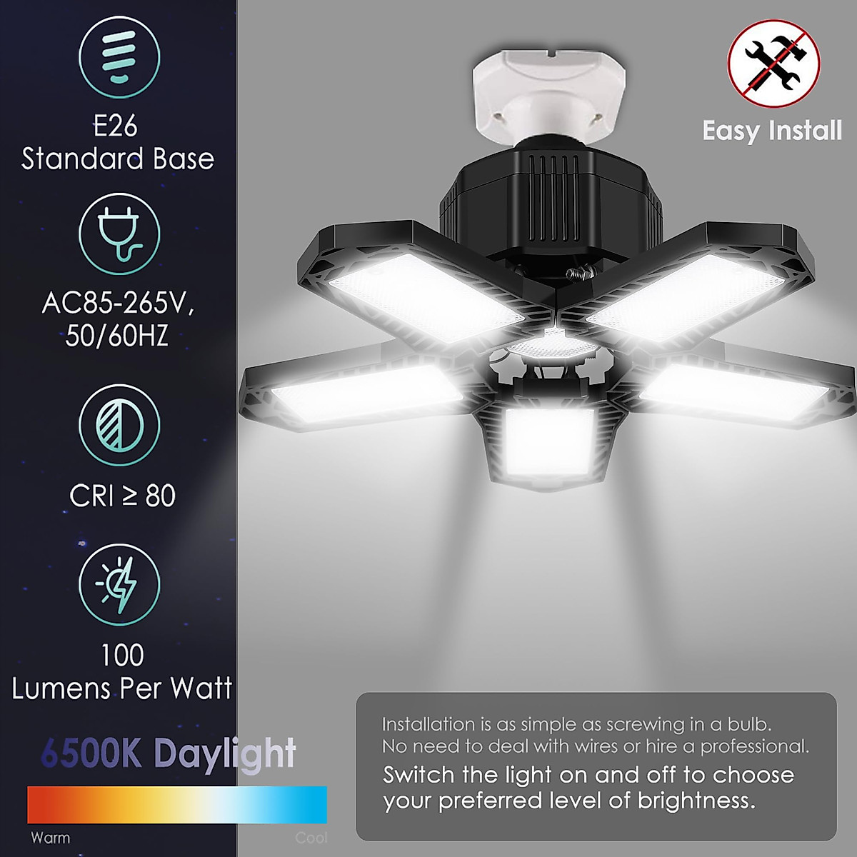 BRAINIAC LED Garage Light Bulbs, 100W 10000LM Garage Lighting with 5 Adjustable Panels, E26/E27 Garage led Lights Screw in Deformable Garage Led Ceiling Light Fixture for Warehouse, Corridor, Stadium