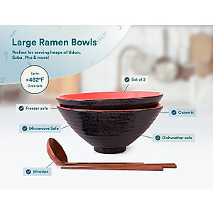 KooK Ceramic Japanese Ramen Bowl Set, with Wooden Spoons and Chopsticks, Noodle Soup Bowl, Microwavable, for Udon Soba Pho Asian Noodles, 60 oz, Black/Red, Set of 2