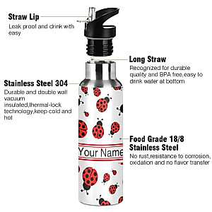 ZOEO Custom Water Bottle with Straw, Ladybug Childish Lid Thermos Kids Insulated Stainless Steel Water Flask Sports, 20 Oz Hot Cold