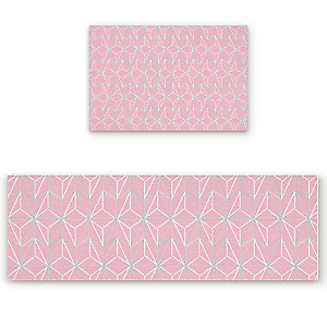 LooPoP Pink Kitchen Mats for Floor Cushioned Anti Fatigue 2 Piece Set Kitchen Runner Rugs Non Skid Washable Geometric Abstract Nordic