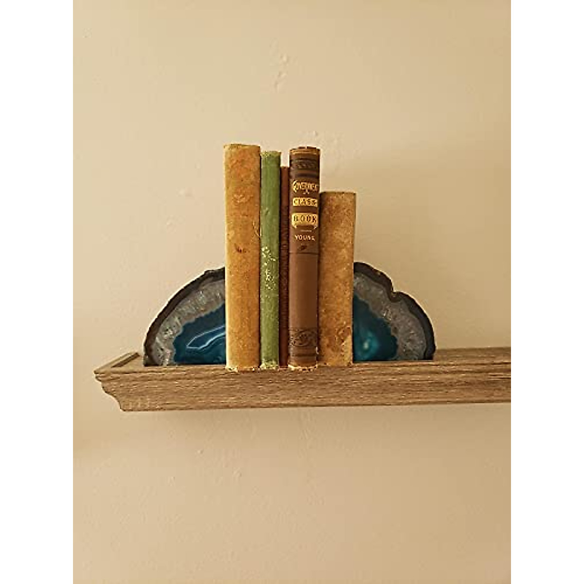 AMOYSTONE 1Pair Teal Agate Bookends Crystal Geode Book Ends 2-3 LBS with Anti-Slip Rubber Bumpers, Holder Small Books