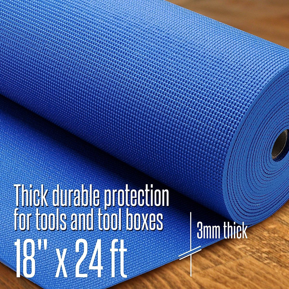 Reizen Tech Max-Tough Tool Box Liner-18 inches x 24 feet x 3mm - Stay-Put Surface Defends Against Wear and Tear - Keeps Tools Protected and Organized - Garage Shelves, Tool Chest, and Cabinets - Blue