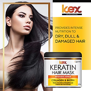 Keratin Hair Mask Made in USA with Natural Collagen & Biotin - Hair Repair Treatment for Dry & Damaged Hair and Growth - Save Color Treated Hair with Enriched Nourishment & Professional Care - 8 oz