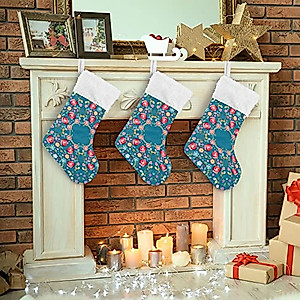 Kigai Christmas Stockings Navy Blue Flowers Large Candy Stockings Stuffers Kids Cute Xmas Sock Decorations 1PC for Home Holiday Party 12" x18"