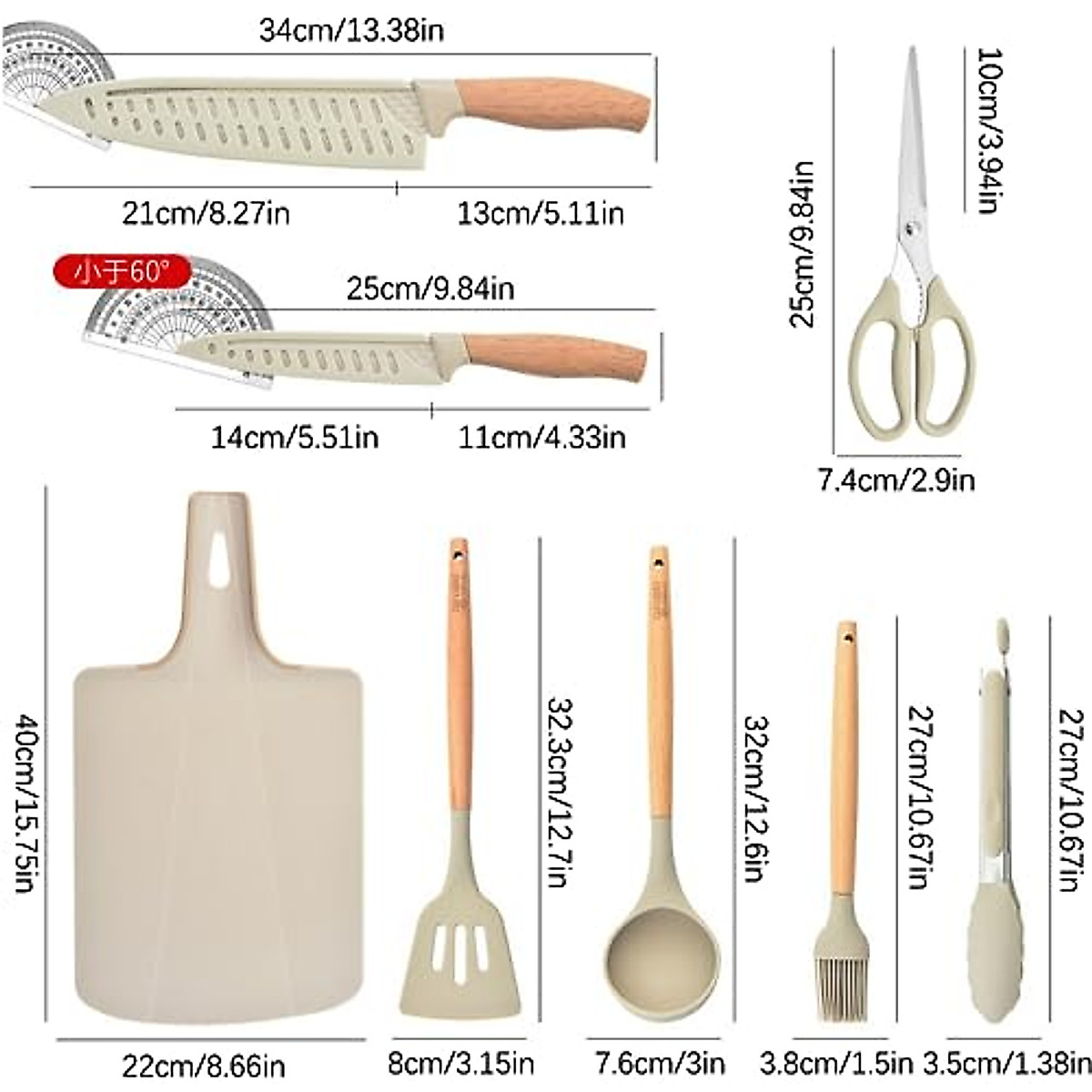 Kitchen Utensils Set-Cooking Utensils Set, 13-in-1 Kitchen Set with 8 Pieces Cooking Utensils+5 Pieces Knife Set with Block, Kitchen Utensils Non Stick and Heat Resistant Large Silicone Spatula, Khaki