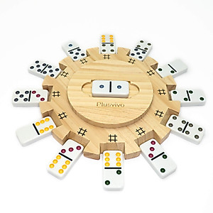plusvivo Dominoes Mexican Train Hub Up to 12 Players, Wooden Mexican Train Hub Centerpiece with Felted Bottom Made of Superior Pine
