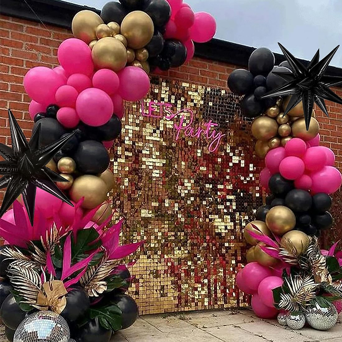 Hot Pink Black Metallic Gold Balloon Garland kit with High Heels Balloons, Red Lips, Lipstick Foil balloons For Princess Themed Birthday Decoration Makeup Party Bachelor Party Supplies