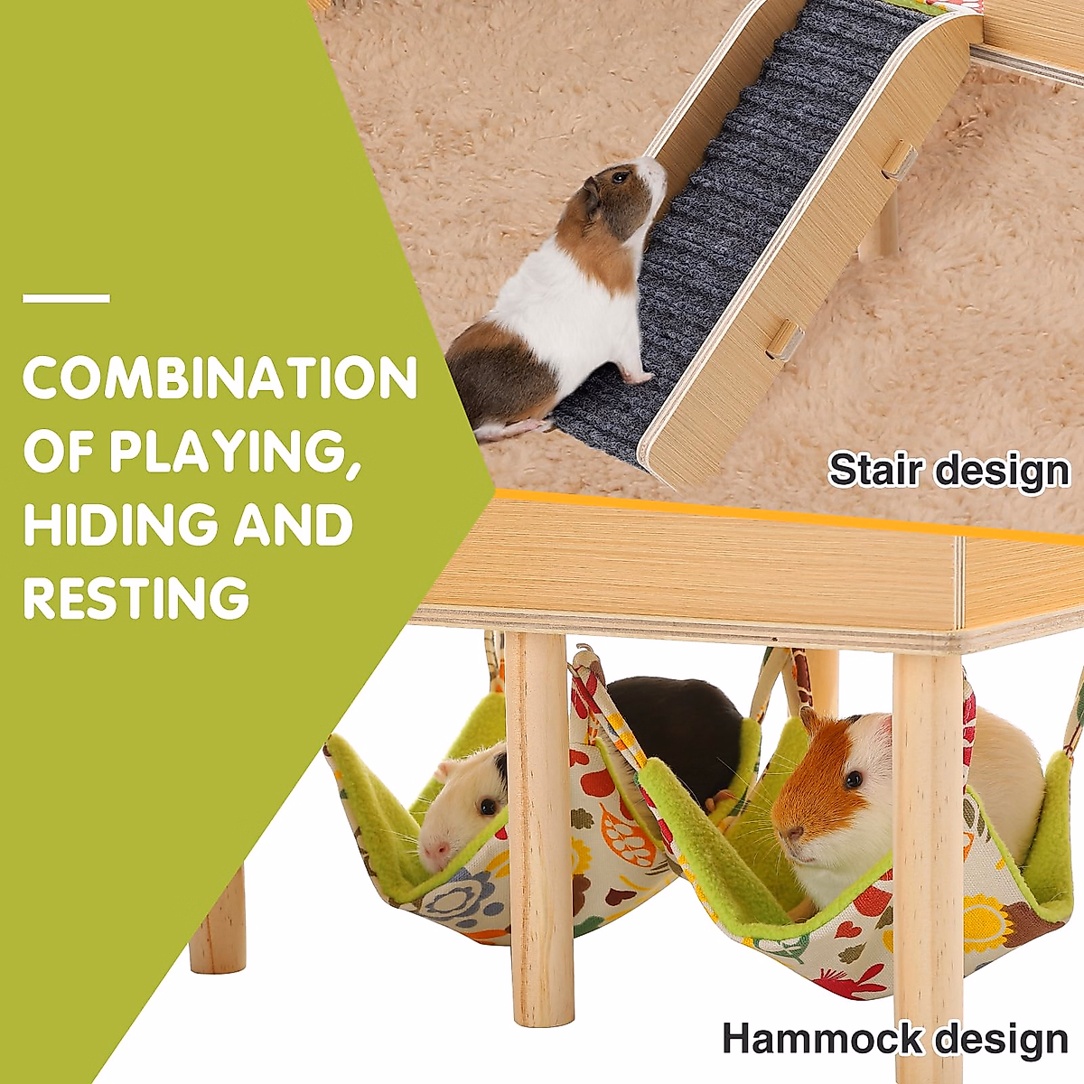 MEWTOGO Guinea Pigs Hammock with Platform, Wooden Guinea Pig Hideout with Stairs, Safe and Durable Small Pet Bed for Piggies Chinchilla Rat Hamster Bunny (Double Hammocks)