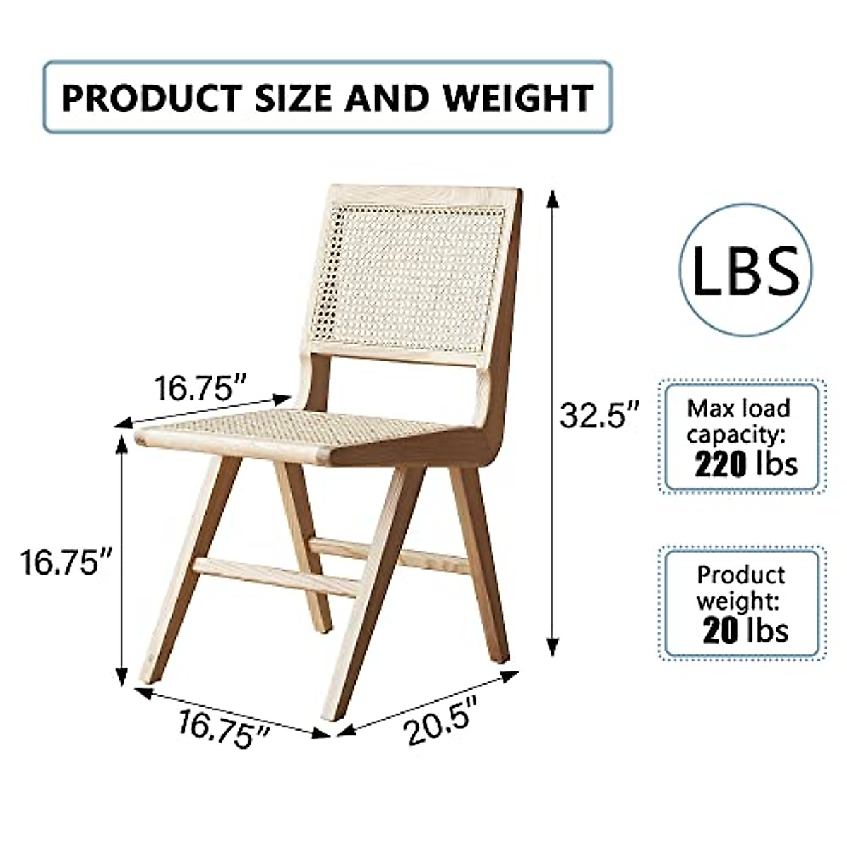 Way2Furn Rattan Chair Set of 2, Cane Dining Chair, No Installation Required, Mid Century Modern Chair for Living Room, Kitchen, Dining Room, Yard, Study Room, Teahouse, Hotel, B&B (Natural Color)