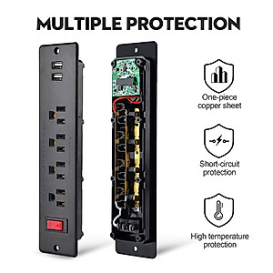 Mountable Power Strip Recessed Power Strip with USB 4 Outlet 2 USB Multiple Protection Built in Conference Desk Counter Workbench for PC Home Electric Appliance ETL Listed(Black)