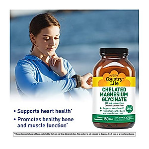Country Life Chelated Magnesium Glycinate 400mg, 180 Tablets, Certified Gluten Free, Certified Vegan, Certified Halal, Non-GMO Verified