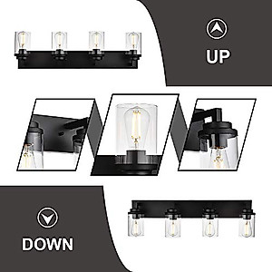 MELUCEE 4-Light Vanity Lights Over Mirror, Farmhouse Bathroom Light Fixtures Black with Clear Glass Shade, Industrial Wall Mount Lamp for Bedroom Kitchen Hallway