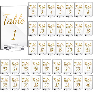 40 Pack Gold Acrylic Wedding Table Number 1-40 Clear Wedding Table Stand with Numbers Calligraphy Table Number Holders 4 x 6 Inch Acrylic Table Signs for Wedding Reception Centerpieces Decorations