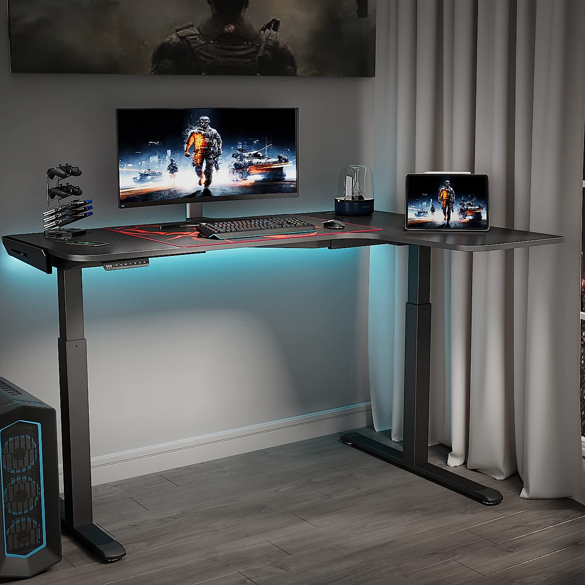 EE EUREKA ERGONOMIC L Shaped Standing Desk, 61" Electric Adjustable Height Gaming Desk, Sit to Stand Desk Home Office Corner Computer Desk Large PC Desktop Workstation with Dual Motor,Black/Right