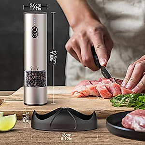 Gravity Electric Salt and Pepper Grinder Set, Automatic Upgraded Pepper and Salt Mill with Charging Base, Adjustable Coarseness and LED Light, One Hand Operation (Silver)