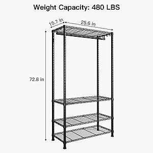 Ulif H1 Portable Closets, 4-Tier Freestanding Metal Garment Rack and Clothes Storage Wardrobe, Suitable for Bedroom, Apartment, Cloakroom, 25.6" W x 15.7" D x 72.8" H, Black