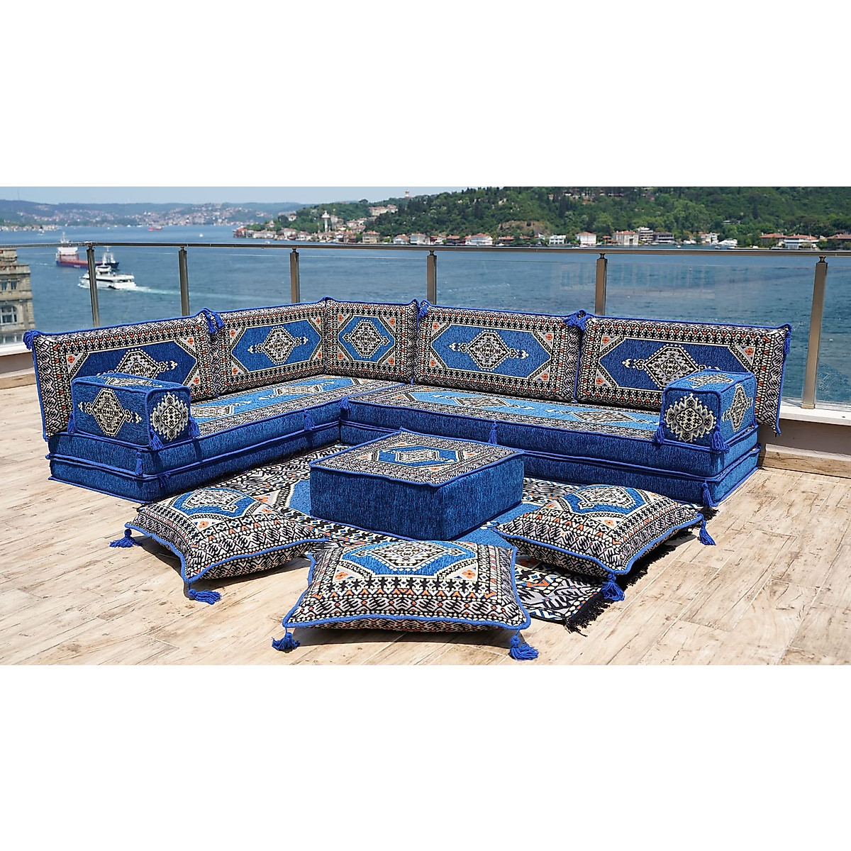 8'' Thickness L Shaped Royal Blue Sectional Sofas, Arabic Floor Sofa Set, Garden Pallet Sofa, Poufs Turkish Floor Sofa, Outdoor Sofa, Sofa Covers (L Sofa + Rug + Poufs)