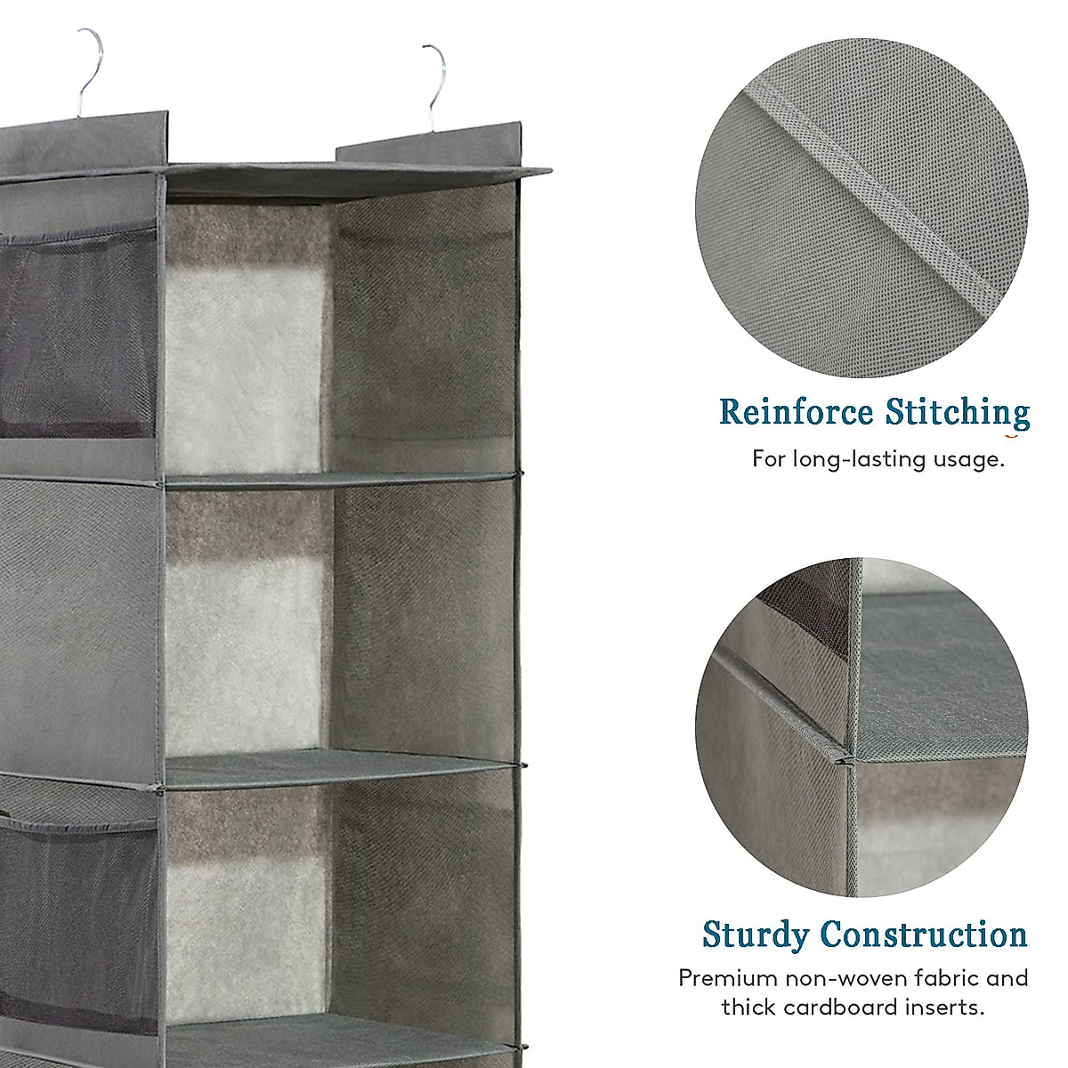BSFHH Hanging Closet Organizer, 5-Shelf Closet Hanging Storage with 6 Side Pockets,Collapsible Hanging Shelves for Closet Oxford Cloth 10.4" W x 11.8" L x 51.6" H (Grey, 1 Pack)
