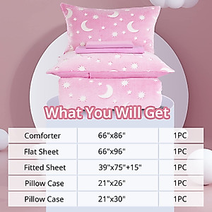 HOMBYS Glow in The Dark Comforter Set 5 Piece Twin/Twin XL with Sheets, Pink Velvet Bedding Comforter Sets for Twin Bed, Ultra Soft Down Alternative Comforter for Teenage Girls Kids, Bed in a Bag